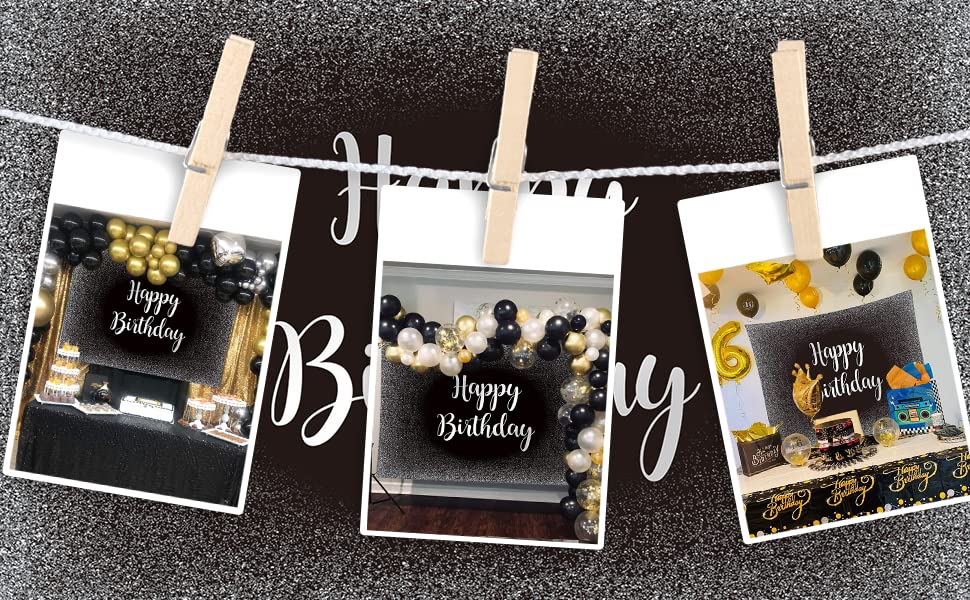 Black and Silver Happy Birthday Backdrop Grey Glitter Photography Background Men Women Adult Birthday Decoration Supplies 7x5FT