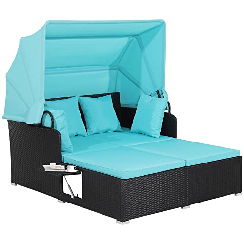 Tangkula Patio Rattan Daybed, Patiojoy Wicker Daybed Lounger w/Retractable Canopy, 2 Foldable Side Panels, Thick Seat & Back Cushions, Double Conversation Bed for Garden, Backyard, Porc (Turquoise)