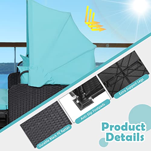 Tangkula Patio Rattan Daybed, Patiojoy Wicker Daybed Lounger w/Retractable Canopy, 2 Foldable Side Panels, Thick Seat & Back Cushions, Double Conversation Bed for Garden, Backyard, Porc (Turquoise)