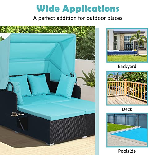 Tangkula Patio Rattan Daybed, Patiojoy Wicker Daybed Lounger w/Retractable Canopy, 2 Foldable Side Panels, Thick Seat & Back Cushions, Double Conversation Bed for Garden, Backyard, Porc (Turquoise)