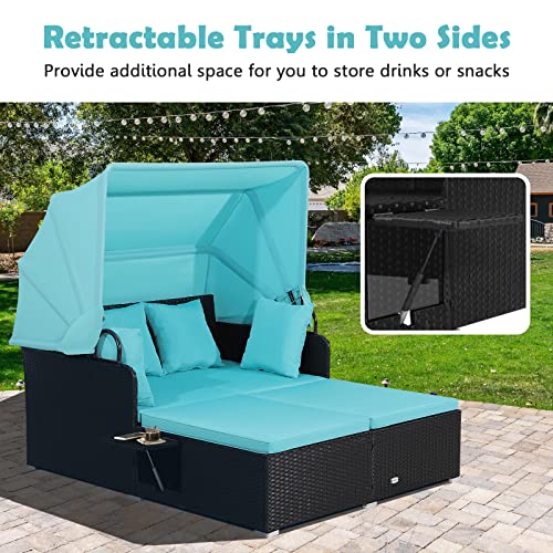 Tangkula Patio Rattan Daybed, Patiojoy Wicker Daybed Lounger w/Retractable Canopy, 2 Foldable Side Panels, Thick Seat & Back Cushions, Double Conversation Bed for Garden, Backyard, Porc (Turquoise)