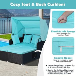 Tangkula Patio Rattan Daybed, Patiojoy Wicker Daybed Lounger w/Retractable Canopy, 2 Foldable Side Panels, Thick Seat & Back Cushions, Double Conversation Bed for Garden, Backyard, Porc (Turquoise)