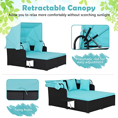 Tangkula Patio Rattan Daybed, Patiojoy Wicker Daybed Lounger w/Retractable Canopy, 2 Foldable Side Panels, Thick Seat & Back Cushions, Double Conversation Bed for Garden, Backyard, Porc (Turquoise)