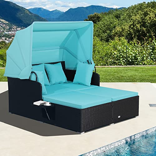 Tangkula Patio Rattan Daybed, Patiojoy Wicker Daybed Lounger w/Retractable Canopy, 2 Foldable Side Panels, Thick Seat & Back Cushions, Double Conversation Bed for Garden, Backyard, Porc (Turquoise)