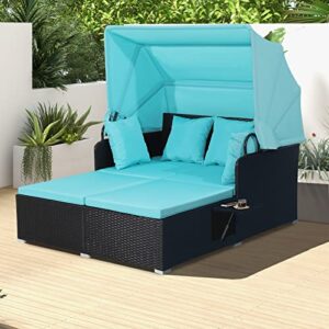 Tangkula Patio Rattan Daybed, Patiojoy Wicker Daybed Lounger w/Retractable Canopy, 2 Foldable Side Panels, Thick Seat & Back Cushions, Double Conversation Bed for Garden, Backyard, Porc (Turquoise)