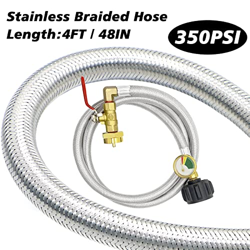 GardenNow Upgraded 48" Stainless Braided QCC1 Type Inlet Propane Refill Adapter Hose Extension Propane Refill Hose with Gauge ON/Off Control Valve for 1LB Propane Gas Tank 350PSI High Pressure Camping