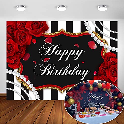 Avezano Red Rose Birthday Backdrop for 7x5ft Red Roses Flowers Pearl Black and White Stripes Happy Birthday Photography Background for Girl Women Decorations Banner Photo Booth Supplies