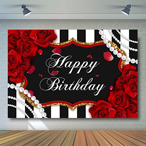 Avezano Red Rose Birthday Backdrop for 7x5ft Red Roses Flowers Pearl Black and White Stripes Happy Birthday Photography Background for Girl Women Decorations Banner Photo Booth Supplies