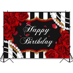 Avezano Red Rose Birthday Backdrop for 7x5ft Red Roses Flowers Pearl Black and White Stripes Happy Birthday Photography Background for Girl Women Decorations Banner Photo Booth Supplies