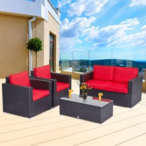 kinbor baby 4 pcs patio furniture set-porch furniture, patio conversation sets with washable cushions and tea table for backyard pool (red)