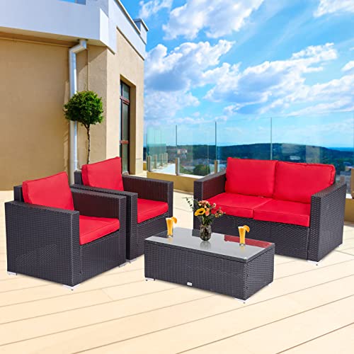 KINBOR BABY 4 PCS Patio Furniture Set-Porch Furniture, Patio Conversation Sets with Washable Cushions and Tea Table for Backyard Pool (Red)