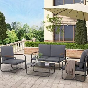 May in Color Metal Patio Furniture Set 4-Piece Wide Seating Conversation Sets Outdoor Sectional Sofa, Loveseat, Chair, Glass Coffee Table,8 Cushions, Comfortable, Easy Assemble, Dark Grey-1