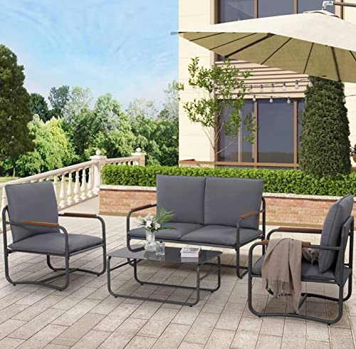 May in Color Metal Patio Furniture Set 4-Piece Wide Seating Conversation Sets Outdoor Sectional Sofa, Loveseat, Chair, Glass Coffee Table,8 Cushions, Comfortable, Easy Assemble, Dark Grey-1