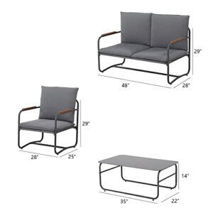 May in Color Metal Patio Furniture Set 4-Piece Wide Seating Conversation Sets Outdoor Sectional Sofa, Loveseat, Chair, Glass Coffee Table,8 Cushions, Comfortable, Easy Assemble, Dark Grey-1