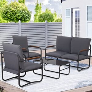 May in Color Metal Patio Furniture Set 4-Piece Wide Seating Conversation Sets Outdoor Sectional Sofa, Loveseat, Chair, Glass Coffee Table,8 Cushions, Comfortable, Easy Assemble, Dark Grey-1