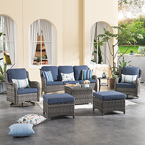 XIZZI Patio Furniture Sets 7 Pieces Outdoor Furniture All Weather Wicker Conversation Set with 360 Degree Swivel Rocking Chairs and Matching Side Table,Grey Wicker Denim Blue