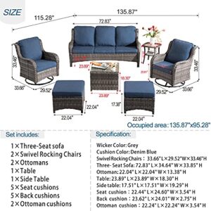 XIZZI Patio Furniture Sets 7 Pieces Outdoor Furniture All Weather Wicker Conversation Set with 360 Degree Swivel Rocking Chairs and Matching Side Table,Grey Wicker Denim Blue