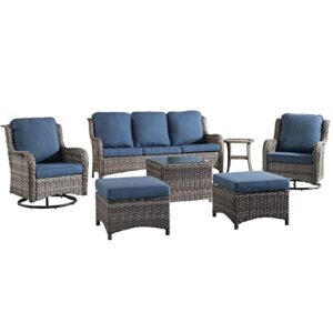 XIZZI Patio Furniture Sets 7 Pieces Outdoor Furniture All Weather Wicker Conversation Set with 360 Degree Swivel Rocking Chairs and Matching Side Table,Grey Wicker Denim Blue