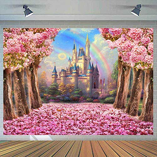 Dreamy Castle Backdrop 8x6ft Pink Sweet Sakura Flowers Tree Washable Polyester Photography Background Wedding Birthday Party Photo Studio Props YL068