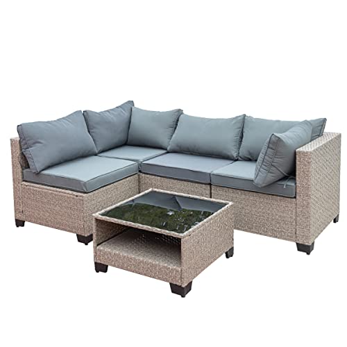 Aug-guan 5-Piece Patio Furniture Set Outdoor Segmented Sofa Handwoven Vine Cord Patio Dialogue Set with Cushion and Glass Table Suitable for Courtyard, （gray5）