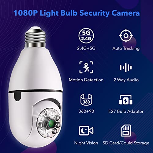 Fowutz Light Bulb Security Camera, 2.4G&5G WiFi Light Bulb Camera, Light Socket Security Camera with Night Vision Motion Detection