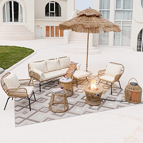 NICESOUL® Natural Color Bohemian Outdoor Patio Furniture Lounge Set with Round Fire Pit Table Handwoven PE Wicker Conversation Sectional Sofa Chair Sets with Ice Bucket Table for Garden Balcony Deck