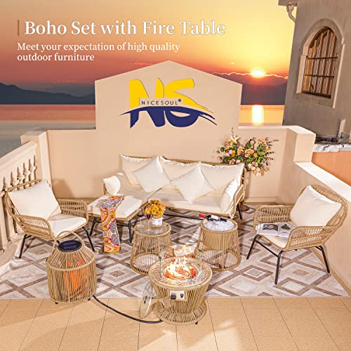 NICESOUL® Natural Color Bohemian Outdoor Patio Furniture Lounge Set with Round Fire Pit Table Handwoven PE Wicker Conversation Sectional Sofa Chair Sets with Ice Bucket Table for Garden Balcony Deck