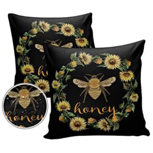 Vandarllin Outdoor Throw Pillows Covers 18X18 Set of 2 Waterproof Floral Sunflower Wreath Decorative Zippered Lumbar Cushion Covers for Patio Furniture, Bee Honey Black