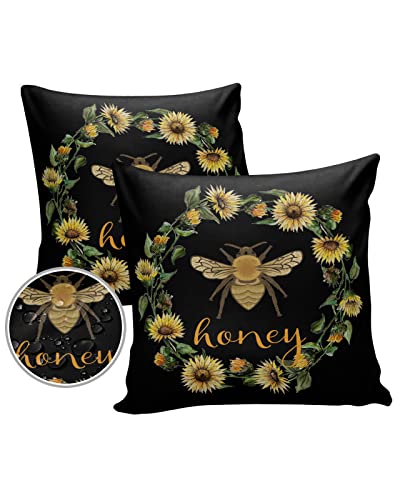 Vandarllin Outdoor Throw Pillows Covers 18X18 Set of 2 Waterproof Floral Sunflower Wreath Decorative Zippered Lumbar Cushion Covers for Patio Furniture, Bee Honey Black