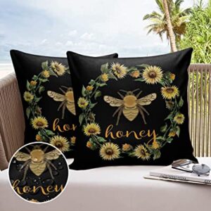 Vandarllin Outdoor Throw Pillows Covers 18X18 Set of 2 Waterproof Floral Sunflower Wreath Decorative Zippered Lumbar Cushion Covers for Patio Furniture, Bee Honey Black