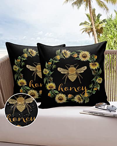 Vandarllin Outdoor Throw Pillows Covers 18X18 Set of 2 Waterproof Floral Sunflower Wreath Decorative Zippered Lumbar Cushion Covers for Patio Furniture, Bee Honey Black