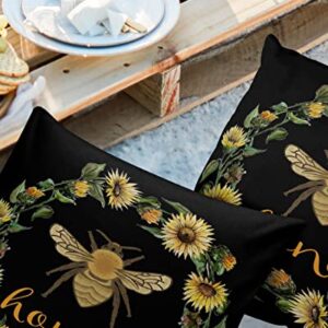 Vandarllin Outdoor Throw Pillows Covers 18X18 Set of 2 Waterproof Floral Sunflower Wreath Decorative Zippered Lumbar Cushion Covers for Patio Furniture, Bee Honey Black