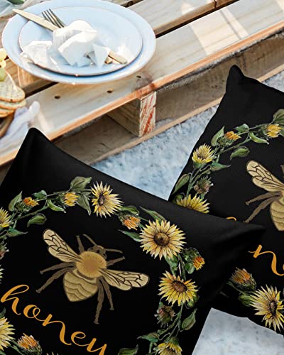 Vandarllin Outdoor Throw Pillows Covers 18X18 Set of 2 Waterproof Floral Sunflower Wreath Decorative Zippered Lumbar Cushion Covers for Patio Furniture, Bee Honey Black