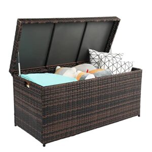 vingli upgraded version 132 gallon outdoor storage box, patio rattan deck box, wicker storage bench for indoor, outdoor, pool, balcony, yard, garden, brown