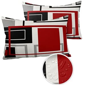 Red Gray Black Geometric Lumbar Pillow Covers 12 x 20 Inches, Modern Abstract Art Aesthetics Waterproof Throw Pillow Cover Set of 2, Decorative Rectangle Cushion Covers for Patio/Tent/Couch/Garden