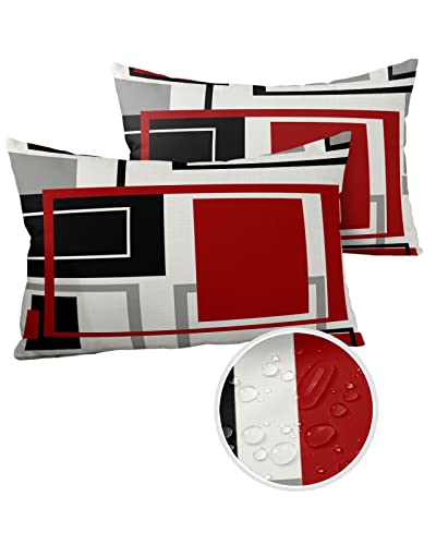 Red Gray Black Geometric Lumbar Pillow Covers 12 x 20 Inches, Modern Abstract Art Aesthetics Waterproof Throw Pillow Cover Set of 2, Decorative Rectangle Cushion Covers for Patio/Tent/Couch/Garden