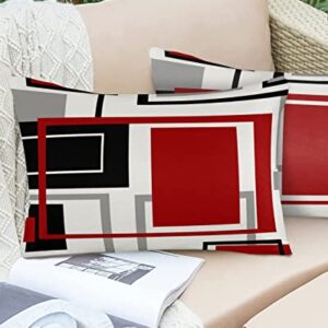 Red Gray Black Geometric Lumbar Pillow Covers 12 x 20 Inches, Modern Abstract Art Aesthetics Waterproof Throw Pillow Cover Set of 2, Decorative Rectangle Cushion Covers for Patio/Tent/Couch/Garden