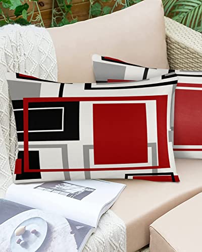 Red Gray Black Geometric Lumbar Pillow Covers 12 x 20 Inches, Modern Abstract Art Aesthetics Waterproof Throw Pillow Cover Set of 2, Decorative Rectangle Cushion Covers for Patio/Tent/Couch/Garden