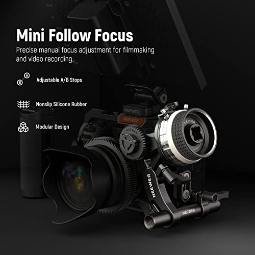 NEEWER Mini Follow Focus with A/B Stops, Lens Gear Ring, 15mm Rod & Rod Clamp for Cinema Camera, DSLR/Mirrorless Camera, Compatible with Lens Diameter Up to 114mm, PG001