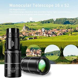 Monocular Telescope 16x52 with Night Vision,Monocular for Adults Kids,High Power Compact Waterproof Monocular,with FMC BAK4 Prism Scope Bird Watching Camping, Hiking,Concert