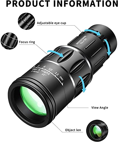 Monocular Telescope 16x52 with Night Vision,Monocular for Adults Kids,High Power Compact Waterproof Monocular,with FMC BAK4 Prism Scope Bird Watching Camping, Hiking,Concert