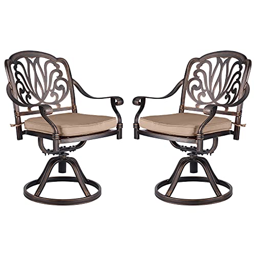 TITIMO 2 Piece Outdoor Bistro Dining Chair Set Cast Aluminum Dining Chairs for Patio Furniture Garden Deck Antique Bronze (Swivel Rocker Chairs with Khaki Cushions)