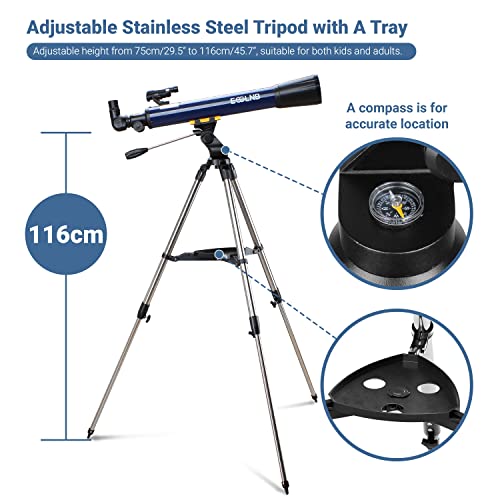 ESSLNB Telescope for Adults 700X70mm with K4/10/20 Eyepieces 525X Telescopes for Kids and Beginners Erect-Image Refractor Telescope with Stainless Steel Tripod Phone Mount and Red Dot Finderscope