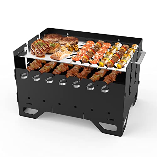 Onlyfire Chef Portable BBQ Grill, Foldable Charcoal Grill Barbecue Smoker with 7 PCS Stainless Steel Kebab Skewers & BBQ Griddle for Outdoor Cooking, Camping and Picnic