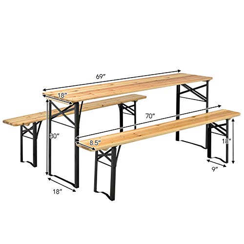 Giantex 70'' 3-Piece Portable Folding Picnic Beer Table with Seating Set Wooden Top Picnic Table for Patio Outdoor Activities Garden Use, 30'' Table Height