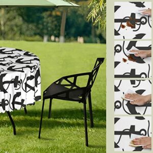 Lirduipu Anchor Pattern Round Outdoor Tablecloth,Outdoor Round Tablecloth with Umbrella Hole - Water Resistant Spillproof,for Patio Garden Tabletop Decor(52" Round,Charcoal Grey and White)