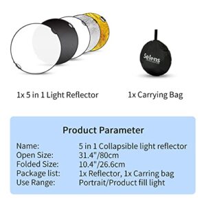 Selens 32 Inch (80cm) Reflector Photography, Collapsible Light Reflector with Carrying Case, 5 in 1 Handle Reflector for Photography Photo Studio Lighting -Translucent, Silver, Gold, White and Black