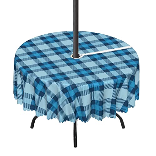 Lirduipu Checkered Pattern Round Outdoor Tablecloth,Outdoor and Indoor Round Tablecloth with Umbrella Hole and Zipper,for Umbrella Table Patio Garden(52" Round,Pale Blue Blue)