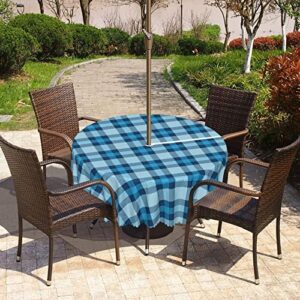 Lirduipu Checkered Pattern Round Outdoor Tablecloth,Outdoor and Indoor Round Tablecloth with Umbrella Hole and Zipper,for Umbrella Table Patio Garden(52" Round,Pale Blue Blue)