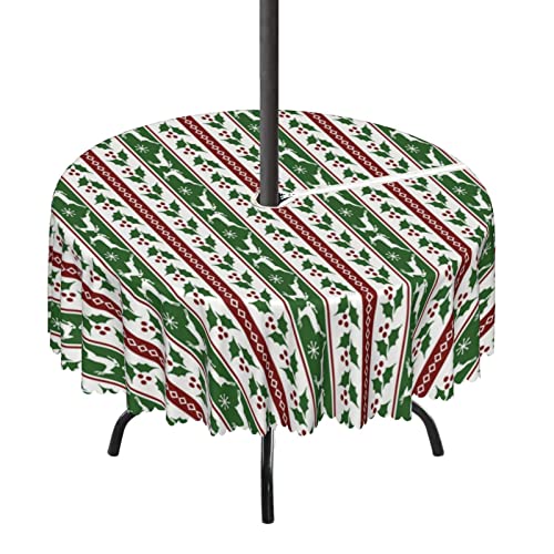 Christmas Pattern round outdoor tablecloth,Round Tablecloth with Umbrella Hole and Zipper for Patio Garden,Waterproof Spill-Proof,for umbrella table Patio Garden(52" Round,Dark Green Burgundy White)